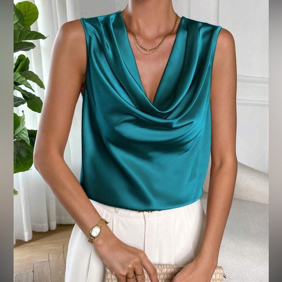 Tops | Luxe Draped Collar Sleeveless Satin Blouse | Poshmark